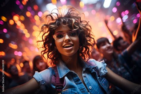 Beautiful Happy Cute Young Woman Dancing At A Nightclub Party Disco