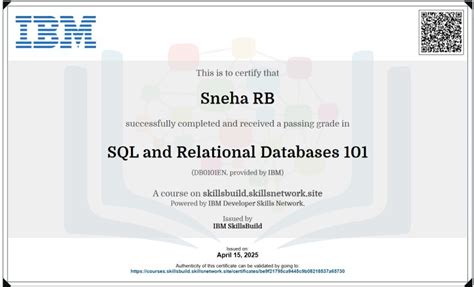 Ibm Sql And Relational Database 101 Certificate By Ibm I Have