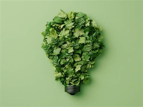 Lightbulb Symbol Made From Green Leaves Themed Background Bright Tonality In The Style Of