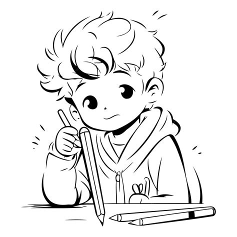 Premium Vector Cute Red Haired Boy Drawing With Pencil Vector