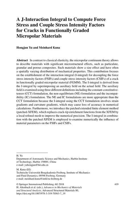 Pdf A J Interaction Integral To Compute Force Stress And Couple Stress Intensity Factors For