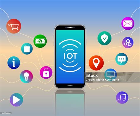 무선 소셜 미디어 네트워크 통신 기술 사물 의 인터넷 Iot 개념입니다 스마트 폰은 라인으로 연결된 다채로운 모바일 앱 아이콘테이블에 고립 쇼핑에 대한 스톡 벡터 아트 및