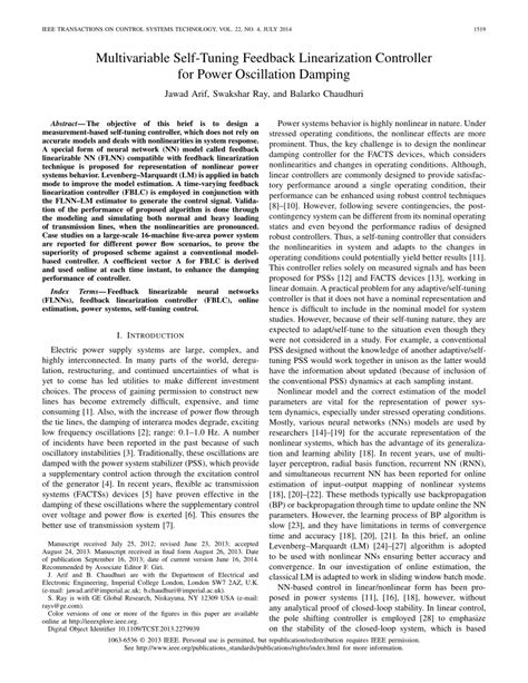 Pdf Multivariable Self Tuning Feedback Linearization Controller For Power Oscillation Damping