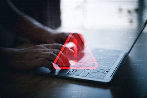 Hacker Or Programmer Using Laptop With Triangle Caution Warning Sign
