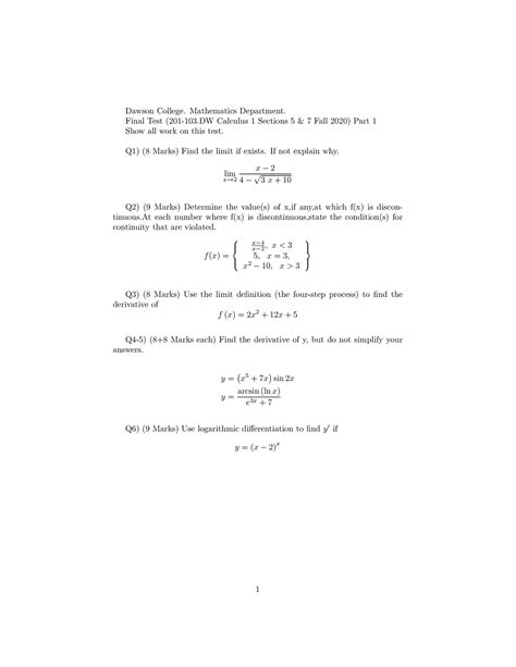 2020 Calculus 1 Final Exam Part1 Dawson College Mathematics