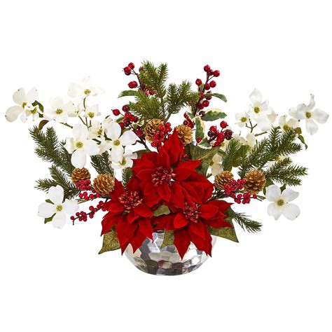 Poinsettia Dogwood Berry And Pine Artificial Arrangement In Silver