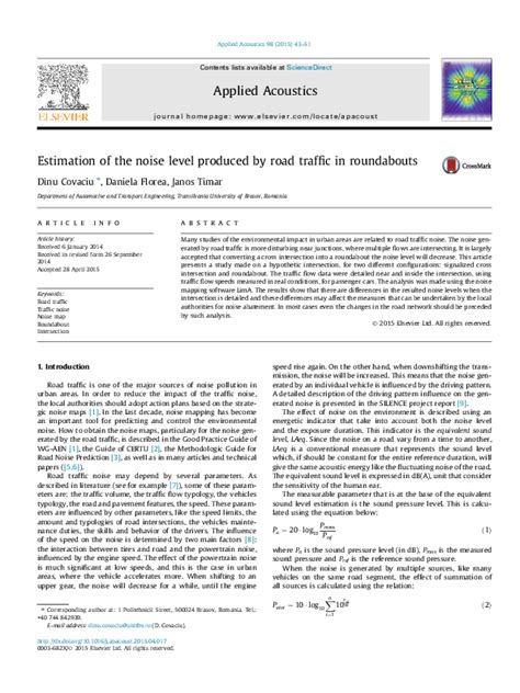 Pdf Estimation Of The Noise Level Produced By Road Traffic In Roundabouts