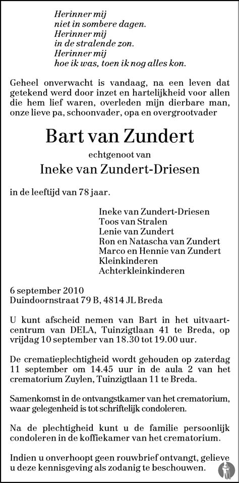 Bart Van Zundert 06 09 2010 Overlijdensbericht En Condoleances