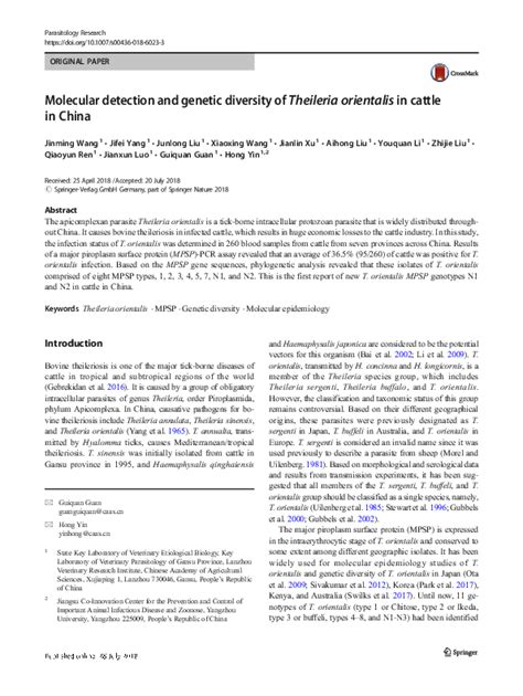 Pdf Molecular Detection And Genetic Diversity Of Theileria Orientalis