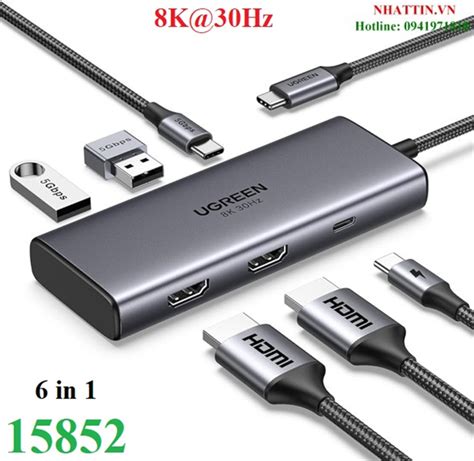 Hub USB Type C 6 trong 1 ra 2 HDMI 8K 30Hz USB Type C USB A 3 0 Sạc PD 100W Ugreen 15852