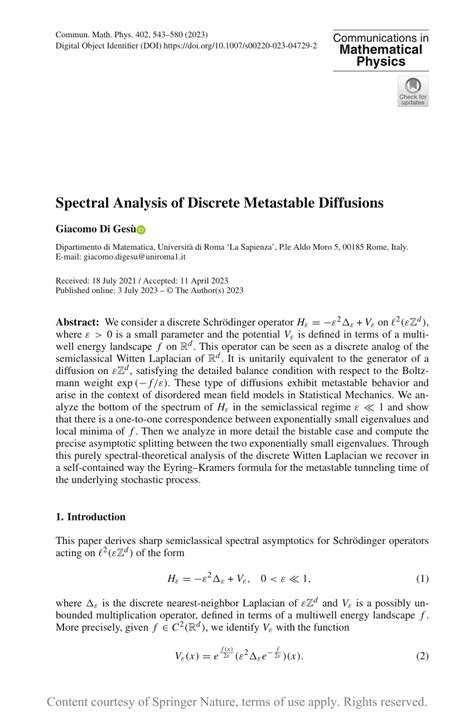 PDF Spectral Analysis Of Discrete Metastable Diffusions