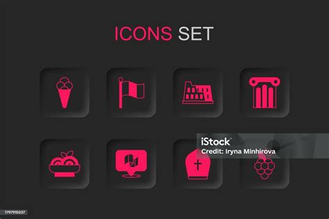 세트 국기 이탈리아 와플 아이스크림 교황 모자 고대 기둥 포도 과일 콜로세움 및 파스타 스파게티 아이콘 벡터 0명에 대한 스톡