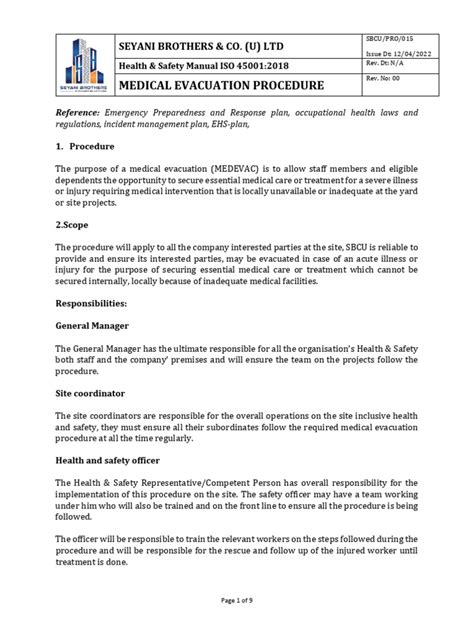 Medical Evacuation Procedure Pdf Occupational Safety And Health