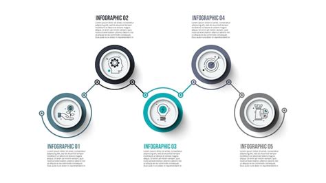 타임라인 비즈니스 프레젠테이션을 위한 5개의 인포그래픽 서클 템플릿 프리미엄 벡터