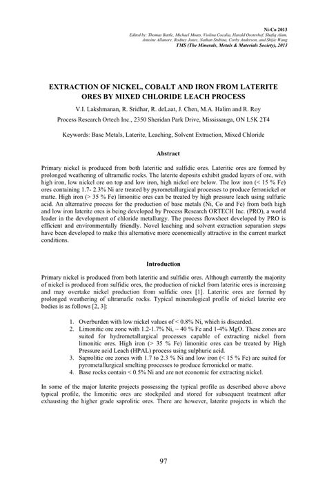 Pdf Extraction Of Nickel Cobalt And Iron From Laterite Ores By Mixed Chloride Leach Process