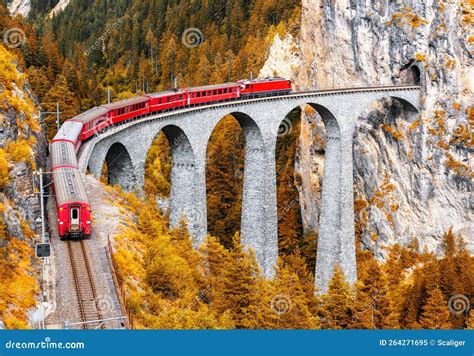 Bernina Express Glacier Train On Landwasser Viaduct In Autumn Switzerland Editorial Image