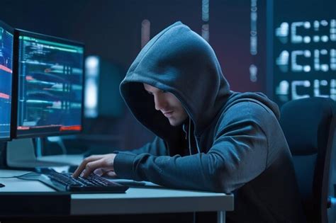premium photo hacker programmer who sits in a hoodie behind a computer with many screens in