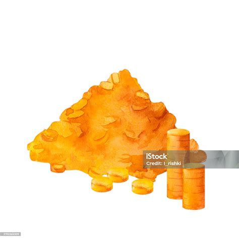 번쩍이는 금 더미와 반짝이는 동전 더미 이 생생한 수채화 일러스트레이션은 해적 보물의 본질을 포착하여 해적 초대장 파티 장식 또는 모험적인 디자인에 이상적입니다 개체 그룹에