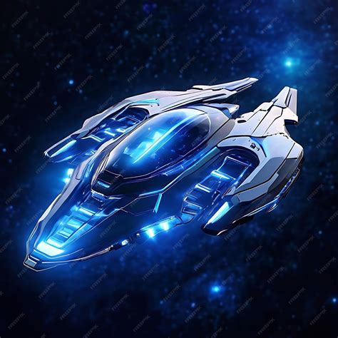 A Futuristic Spaceship With A Blue Light And A Star In The Background