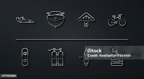 세트 라인 포뮬러 1 경주 용 자동차 스노우 보드 자전거 카약 카누 Aqualung 스피드 보트 스케이트 및 행글라이더 아이콘 벡터 0명에 대한 스톡 벡터 아트 및 기타