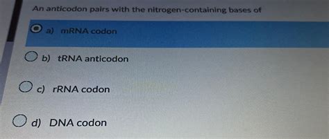 Solved An Anticodon Pairs With The Nitrogen Containing Bases Chegg Com