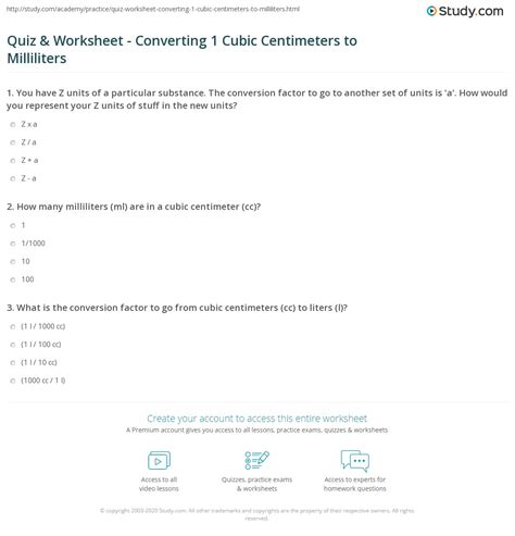 Quiz And Worksheet Converting 1 Cubic Centimeters To Milliliters