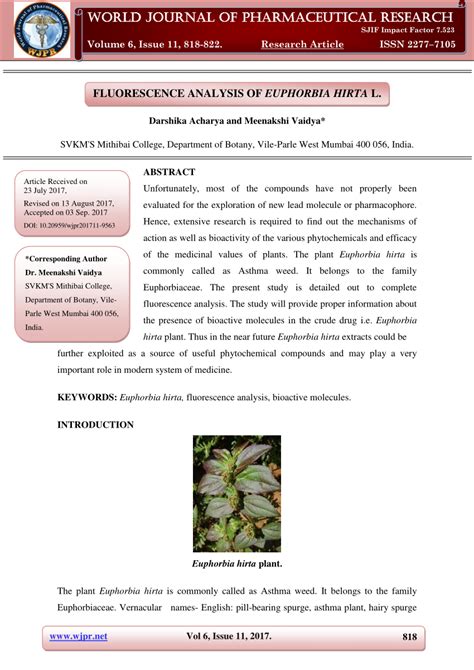 Pdf Fluorescence Analysis Of Euphorbia Hirta L