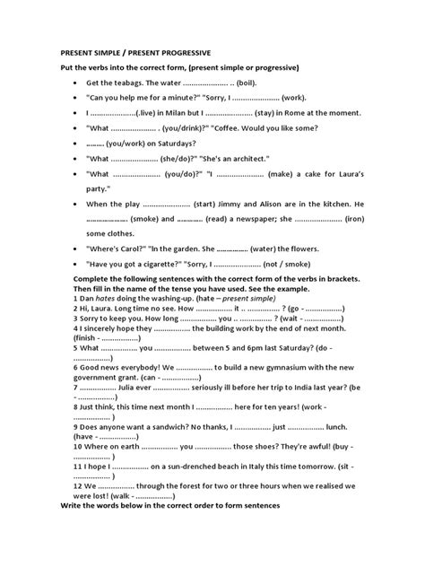 Exercises Present Tenses Pdf English Language Workweek And Weekend