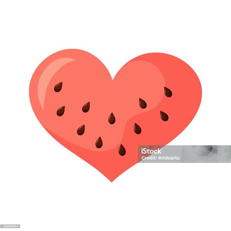 붉은 과육과 검은 씨앗이 있는 하트 모양의 수박 발렌타인 데이에 대 한 로맨틱한 디저트의 평면 벡터 그림입니다 메뉴 아이콘 로고 엽서 스티커 인쇄 티셔츠에 대 한 여름 과일