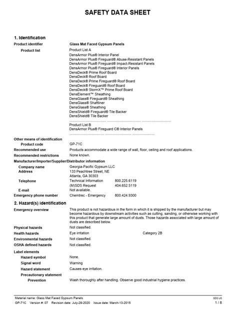 Densdeck Roof Board Sds 2012551 Pdf Personal Protective Equipment Occupational Safety And
