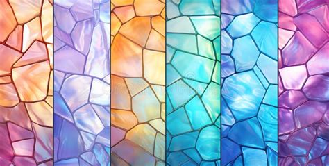 A Collection Of Colorful Abstract And Textured Glass Panels Illuminated By Elegant Light Stock