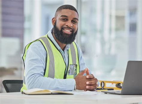 Architecture Portrait Or Laptop With Black Man In Office For Engineering Research Or Building