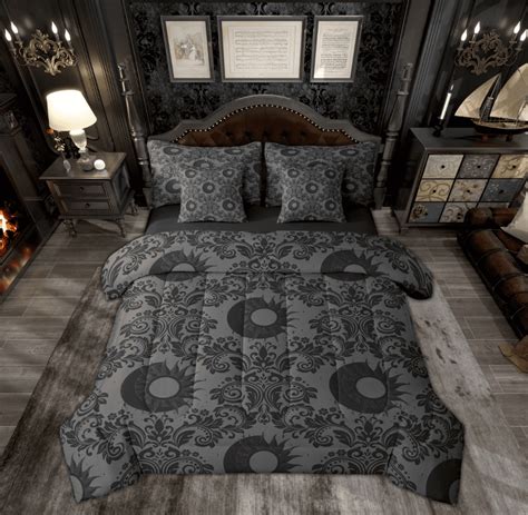 Manfei Black Damask Floral Twin Bedding Sets 7 Piece Mystic Moon Sun
