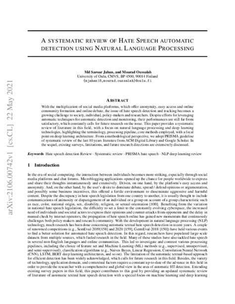 Pdf A Systematic Review Of Hate Speech Automatic Detection Using
