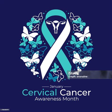 자궁 경부암 인식의 달 청록색 흰색 리본 인식 기호와 추상 나비가 어두운 보라색 배경 벡터 디자인에 원 모양으로 날아 다니고 있습니다 월에 대한 스톡 벡터 아트 및 기타