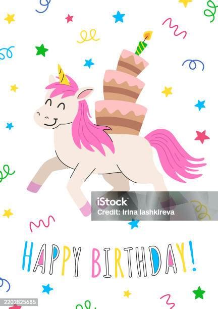 생일 케이크를 등에 짊어지고 있는 귀여운 유니콘이 있는 아이들을 위한 생일 카드 파티 초대장 또는 휴일 인사말 디자인