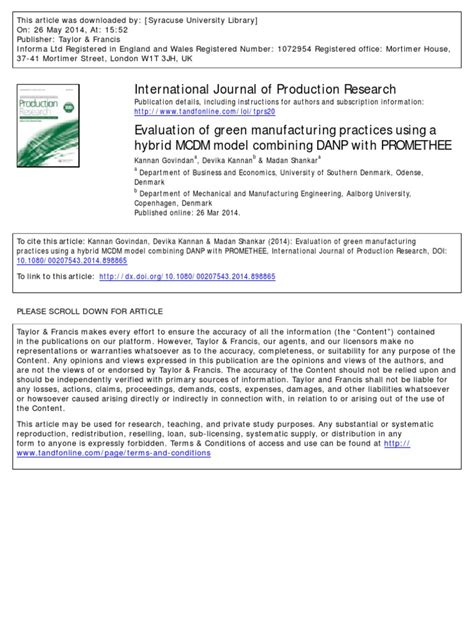 Evaluation Of Green Manufacturing Practices Using A Hybrid Mcdm Model Combining Danp With