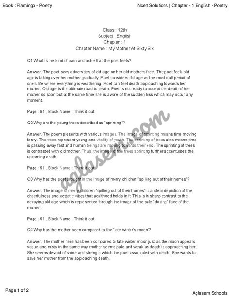 Ncert Solutions For Class 12 English Chapter 1 My Mother At Sixty Six Question Answer Pdf 2025