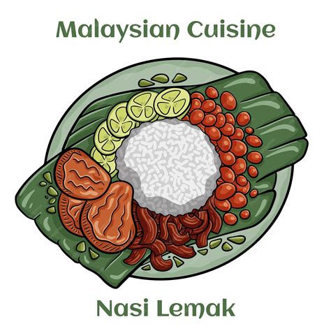 나시 르막 코코넛 밀크와 판단 잎으로 지은 밥 요리 말레이시아 요리 프리미엄 벡터