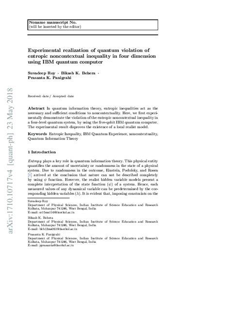 Pdf Experimental Realization Of Quantum Violation Of Entropic Noncontextual Inequality In Four