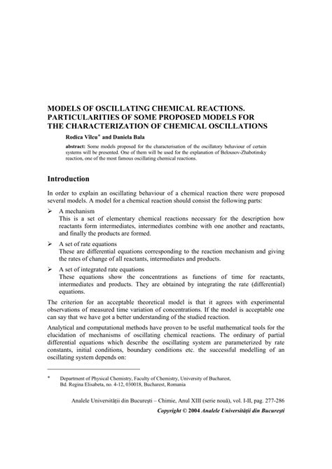 Pdf Models Of Oscillating Chemical Reactions Particularities Of Some