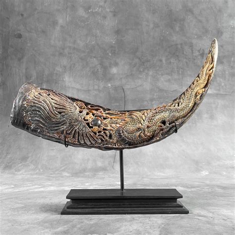 Finely Engraved Large Horn Of A Water Buffalo With Stand Dragon Pheonix Motif Bone Bubalus