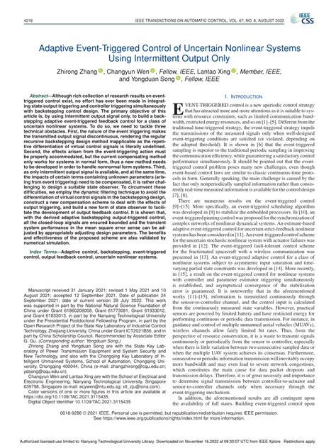 Pdf Adaptive Event Triggered Control Of Uncertain Nonlinear Systems Using Intermittent Output Only