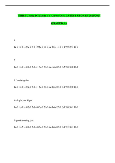NIHSS Group D Patient Answer Key LATEST UPDATE GRADED A NIHSS