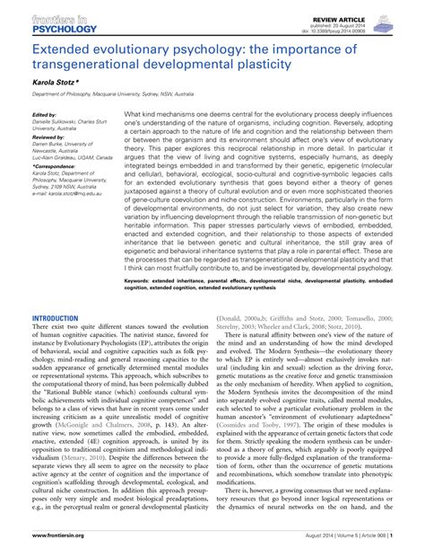 Pdf Extended Evolutionary Psychology The Importance Of Transgenerational Developmental Plasticity