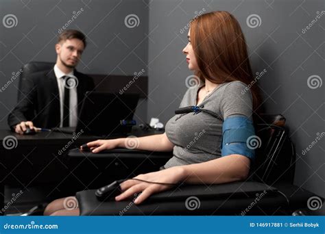 Woman With Attaching Sensors Testing On Computer Polygraph Stock Image Image Of Electrodes