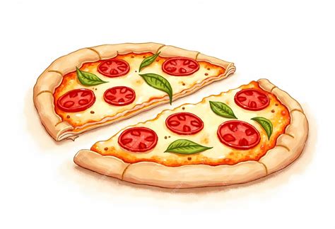 Pepperoni Cheese Pizza Slice Isolated Detailed Hand Drawn Painting