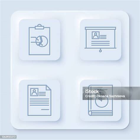 그래프 차트 이력서 이력서 및 사용자 설명서가 있는 보드로 라인 클립보드를 설정합니다 흰색 정사각형 버튼 벡터 고용과 노동에