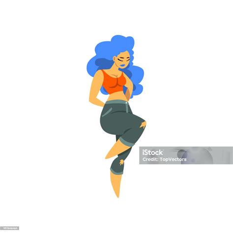 아름 다운 매력적인 여성과 체중 여자 유행 옷 플러스 크기 여자 핀 업 모델 벡터 일러스트 레이 션에 긴 파란 머리 염색된