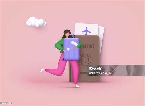 여행 가방 여권 및 티켓을 가지고 여행하는 여성 공항 여행 및 관광 3d 웹 벡터 일러스트레이션 공항에 대한 스톡 벡터 아트 및 기타 이미지 Istock